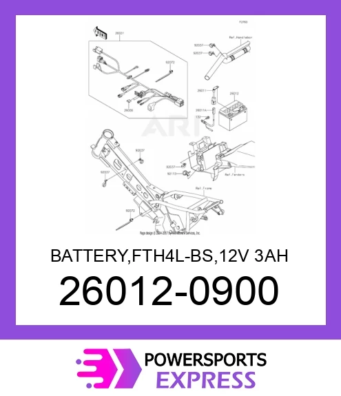 26012-0900 BATTERY,FTH4L-BS,12V 3AH fits Kawasaki Motorcycle