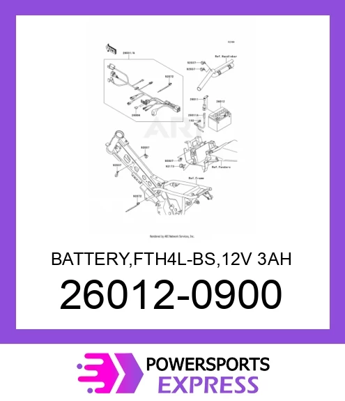 26012-0900 BATTERY,FTH4L-BS,12V 3AH fits Kawasaki Motorcycle
